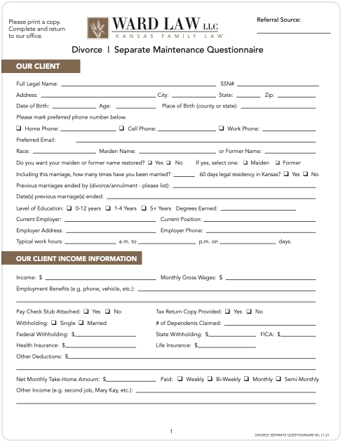 questionnaire for divorce, legal separation or child custody
